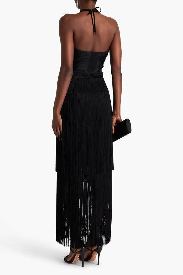 Simkhai Baldwin Fringed Draped Crepe Halterneck Maxi Dress