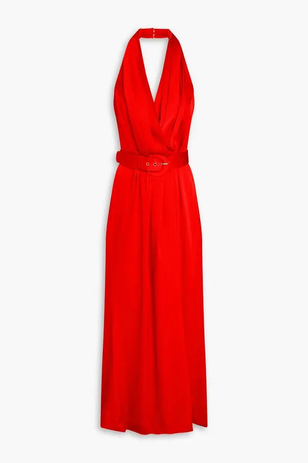 NICHOLAS Belted Wrap-effect Satin-crepe Halterneck Gown