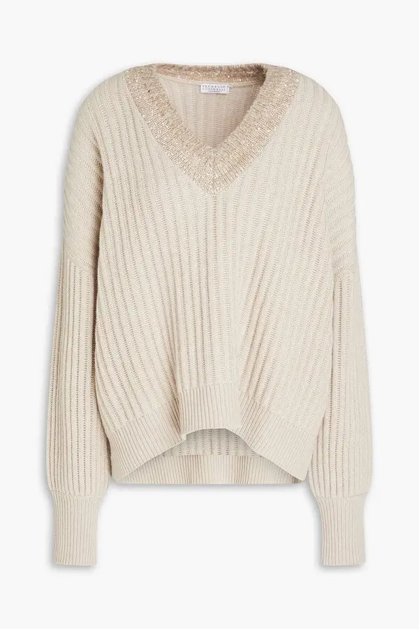 Brunello Cucinelli Sequin-embellished Ribbed Cashmere Sweater - Beige
