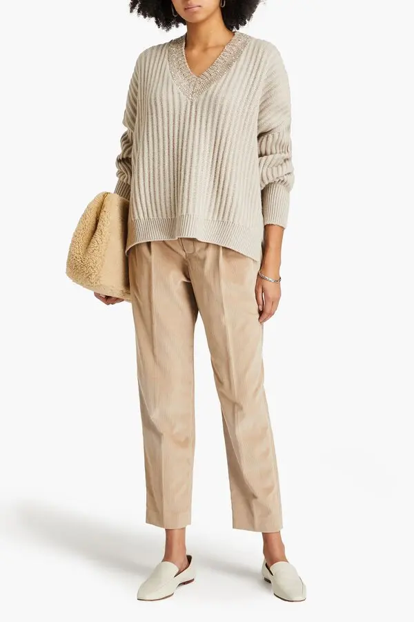 Brunello Cucinelli Sequin-embellished Ribbed Cashmere Sweater - Beige