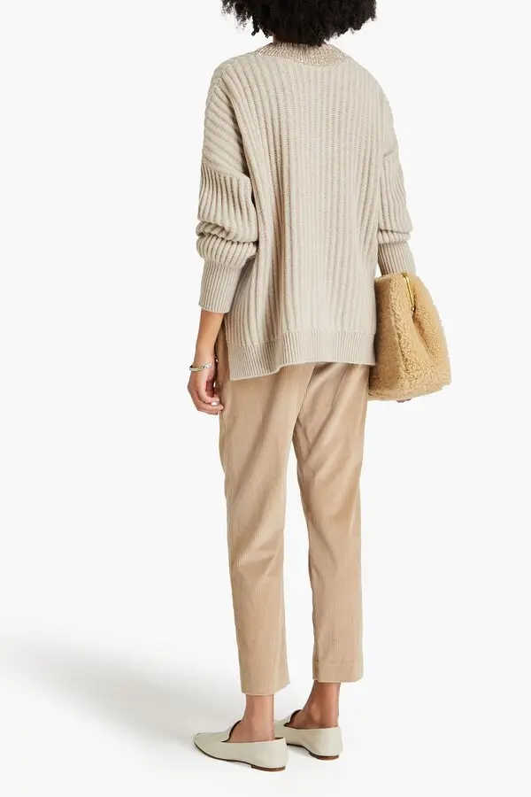 Brunello Cucinelli Sequin-embellished Ribbed Cashmere Sweater - Beige