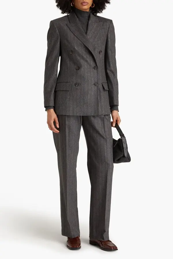 Brunello Cucinelli Double-breasted Metallic Pinstriped Twill Blazer - Dark Gray