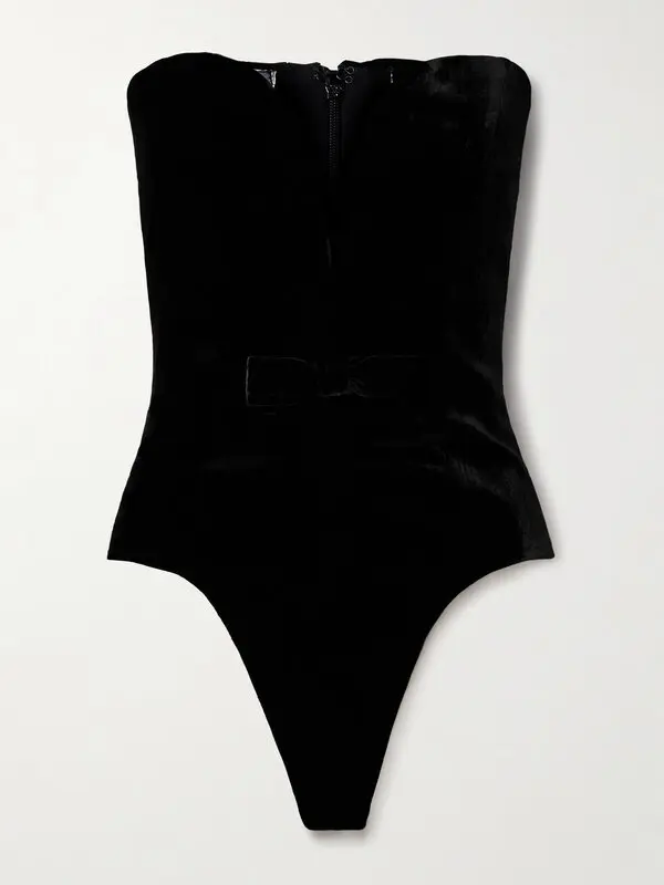 Alessandra Rich Strapless Velvet Thong Bodysuit With Bow
