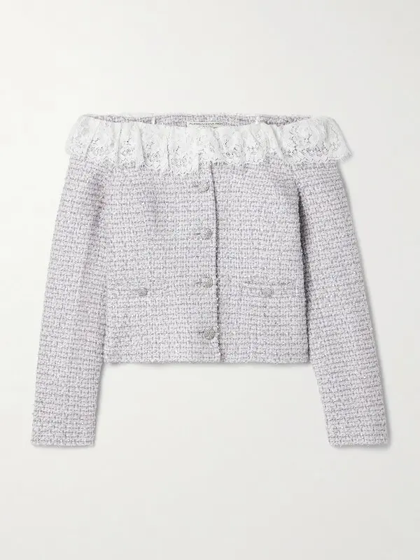 Alessandra Rich Off-the-shoulder Lace-trimmed Sequin-embellished Metallic Tweed Jacket