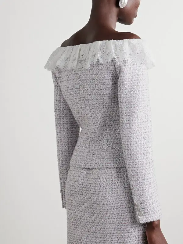 Alessandra Rich Off-the-shoulder Lace-trimmed Sequin-embellished Metallic Tweed Jacket