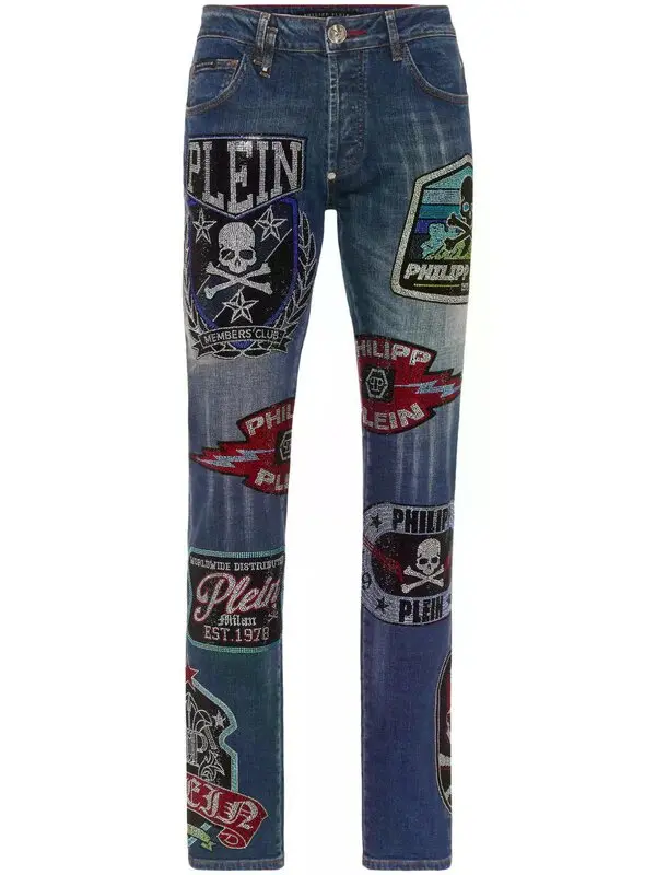 Philipp Plein Patches Strass Straight Jeans - Blue