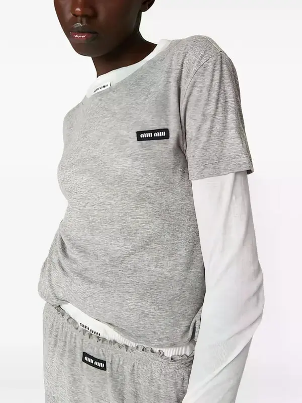 Miu Miu Ribbed Jersey T-shirt With Logo Patch - Grey