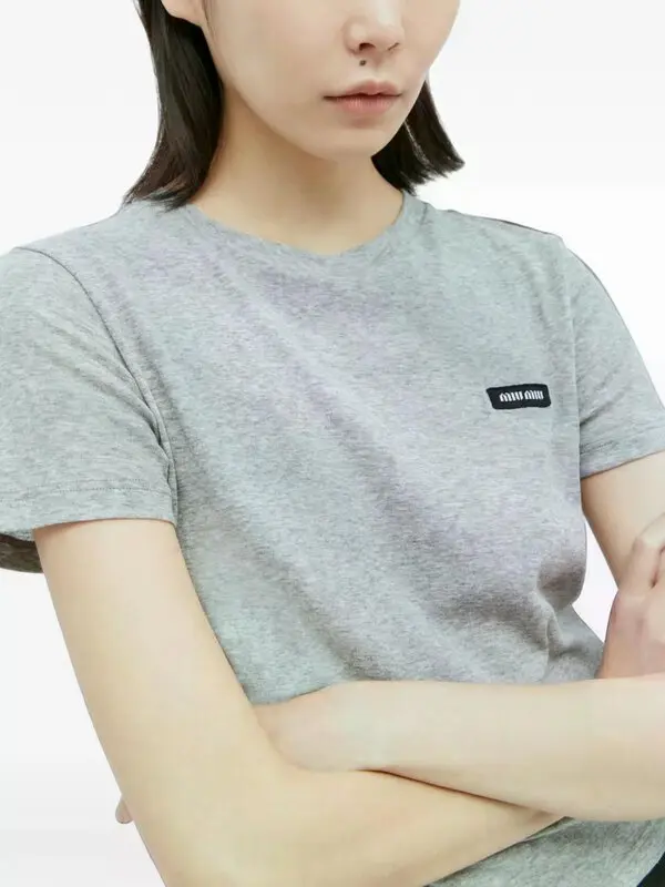 Miu Miu Ribbed Jersey T-shirt With Logo Patch - Grey