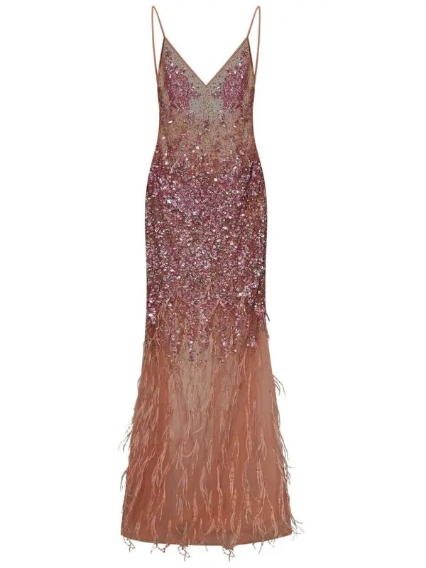 ROOM76 Sequin-feather Embellished V-neck Dress - Pink