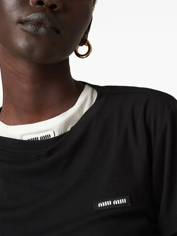 Miu Miu Logo Embroidered Cotton T-shirt - Black