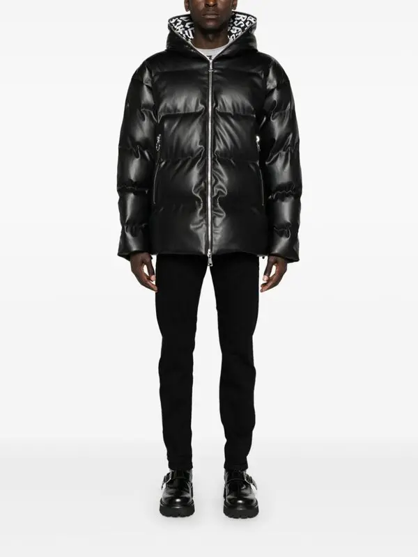 Versace Faux Leather Hooded Down Coat