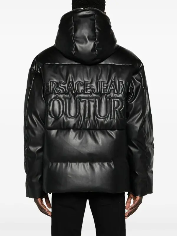 Versace Faux Leather Hooded Down Coat