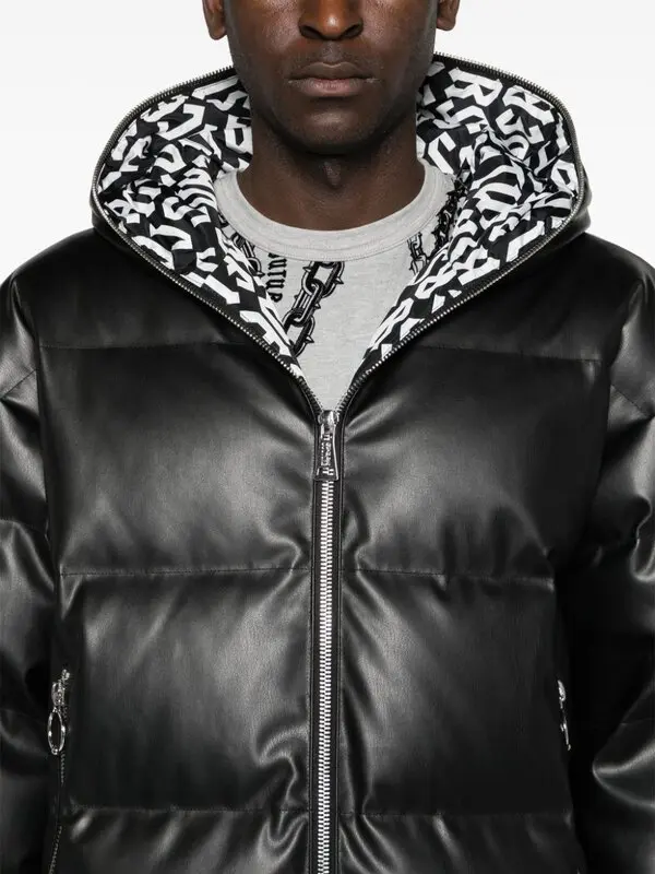Versace Faux Leather Hooded Down Coat