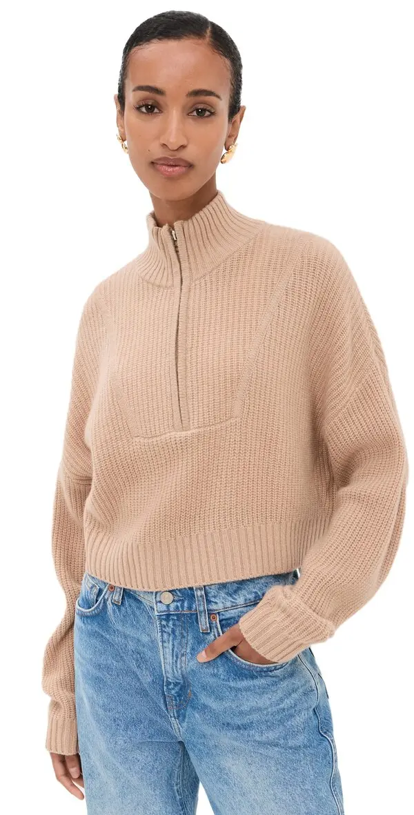 Staud Cropped Hampton Sweater With Mock Neck And Zipper Detail - Camel