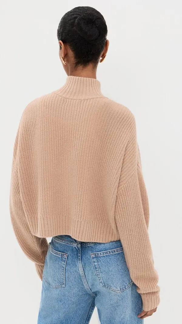 Staud Cropped Hampton Sweater With Mock Neck And Zipper Detail - Camel