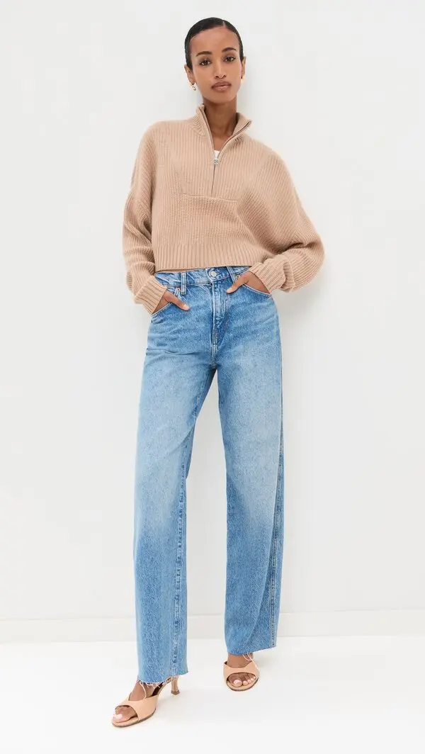 Staud Cropped Hampton Sweater With Mock Neck And Zipper Detail - Camel