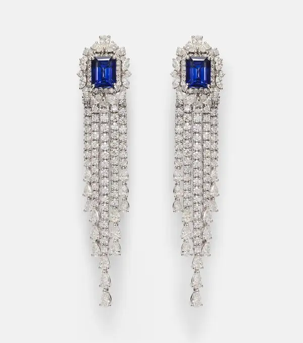 Yeprem Reign Supreme 18k White Gold Drop Earrings With Diamonds And Sapphires - Silver