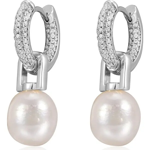 LUV AJ Amalfi Freshwater Pearl Pavé Drop Huggie Earrings