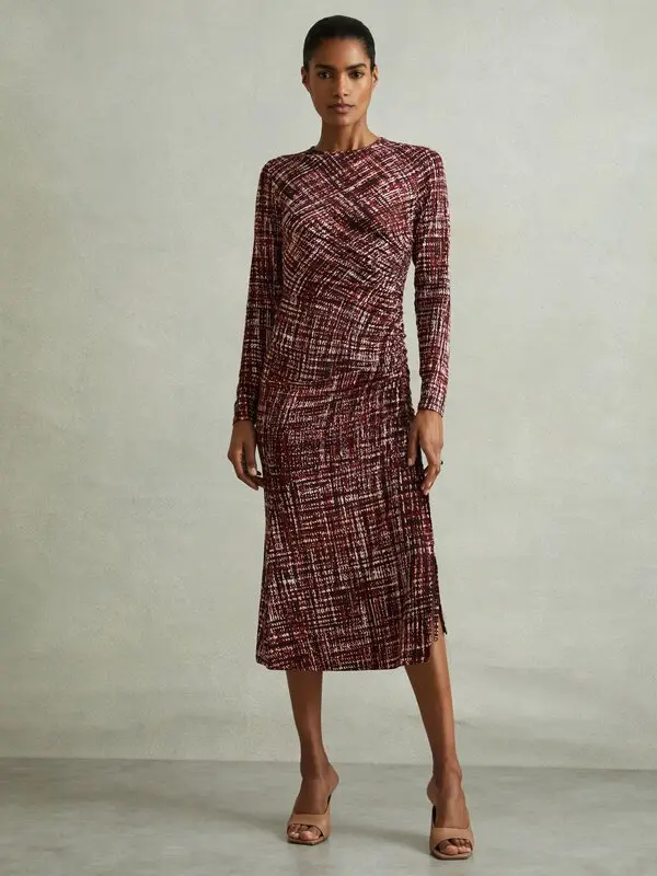 REISS Riyo Printed Ruched Midi Dress