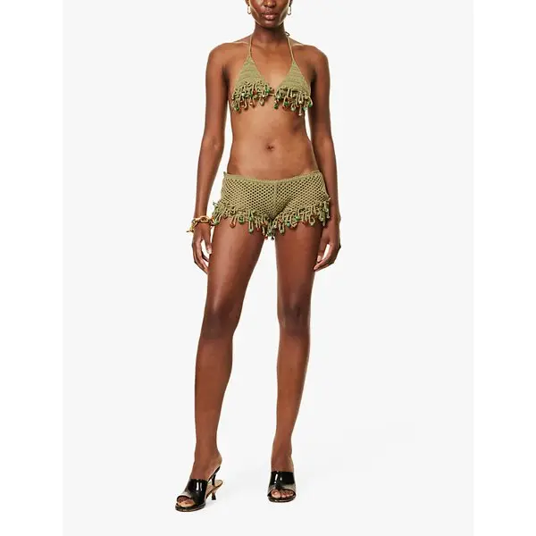 Jaded London Canary Beaded-Trim Cotton-Blend Shorts In Green - 80