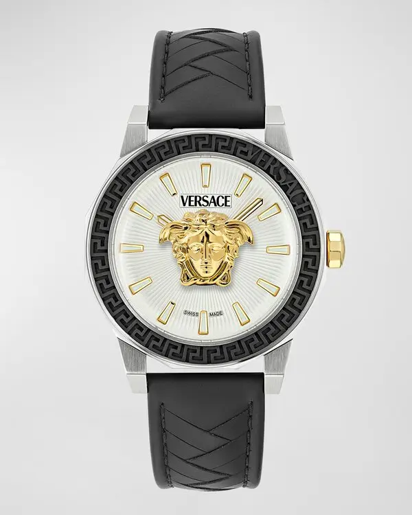 Versace Medusa Deco 43mm Leather-strap Watch - Silver Black