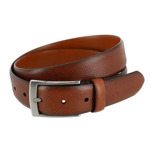 Trafalgar Gregorio 35mm Herringbone Embossed Leather Belt - Cognac