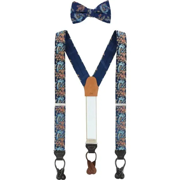 Trafalgar Birds Of Prosperity Silk Suspenders And Bow Tie Set - Navy