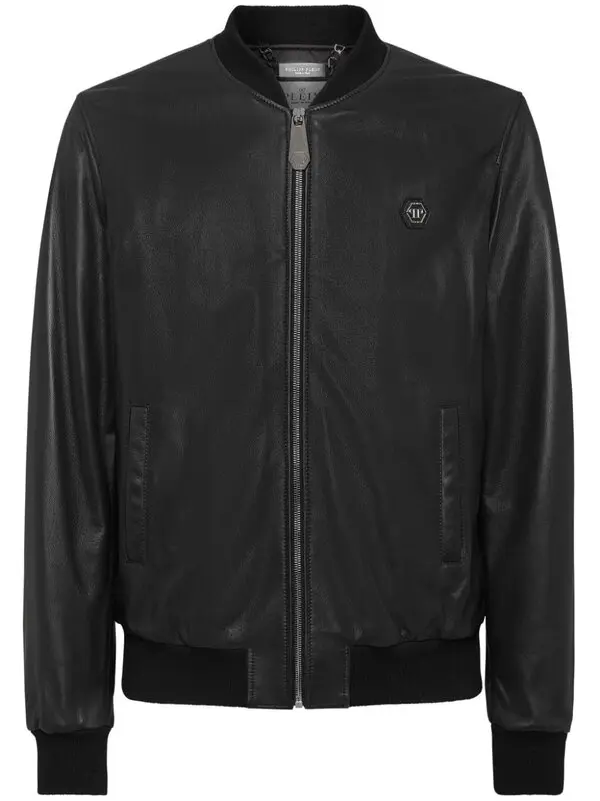 Philipp Plein Leather Jacket With Logo Patch - Black