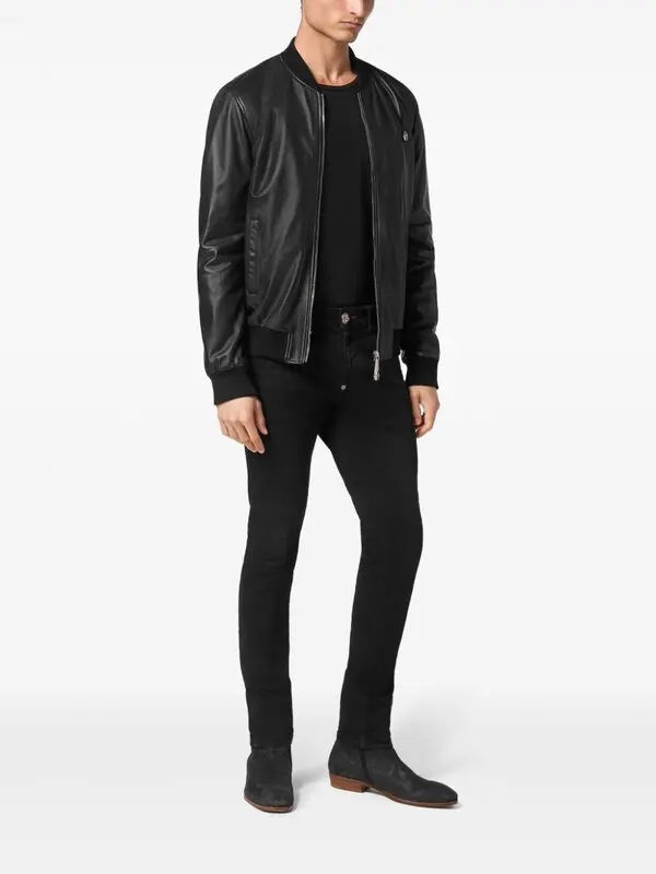 Philipp Plein Leather Jacket With Logo Patch - Black