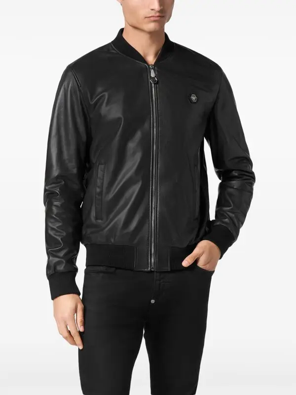 Philipp Plein Leather Jacket With Logo Patch - Black