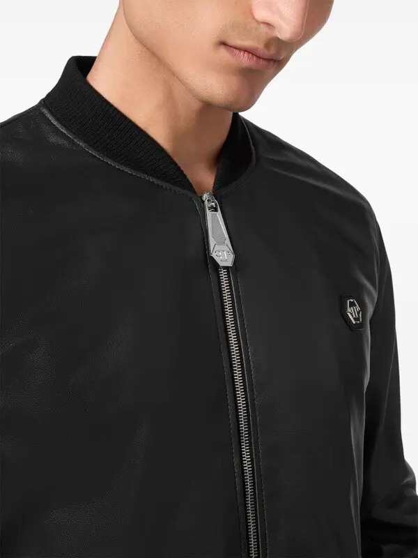 Philipp Plein Leather Jacket With Logo Patch - Black