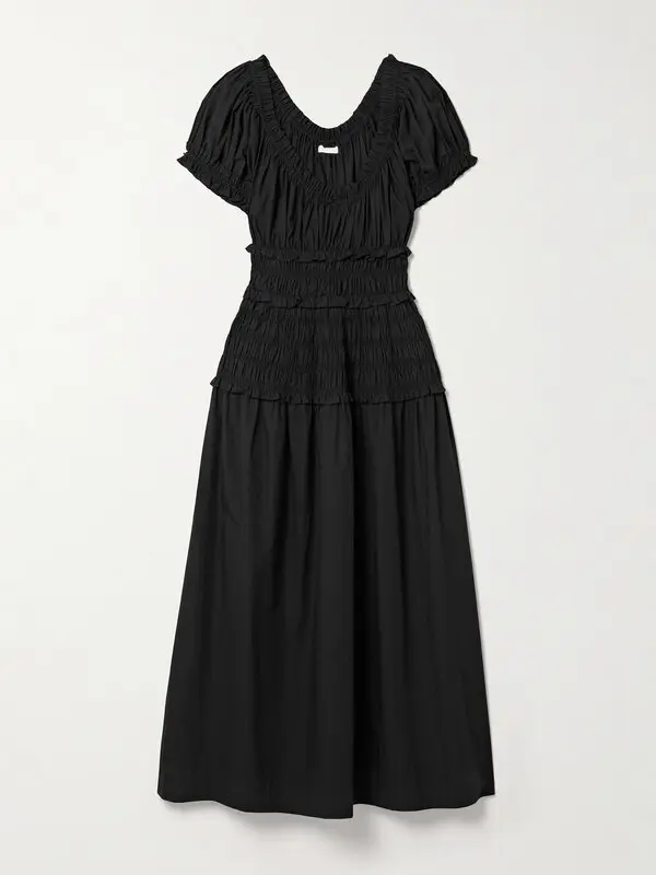 DÔEN Leanne Shirred Organic Cotton-voile Midi Dress - Black