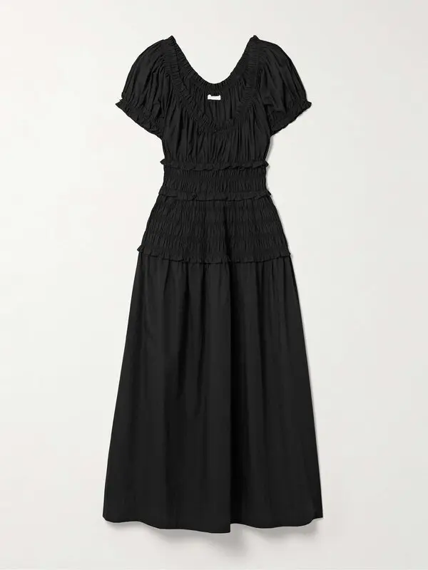 DÔEN Leanne Shirred Organic Cotton-voile Midi Dress - Black