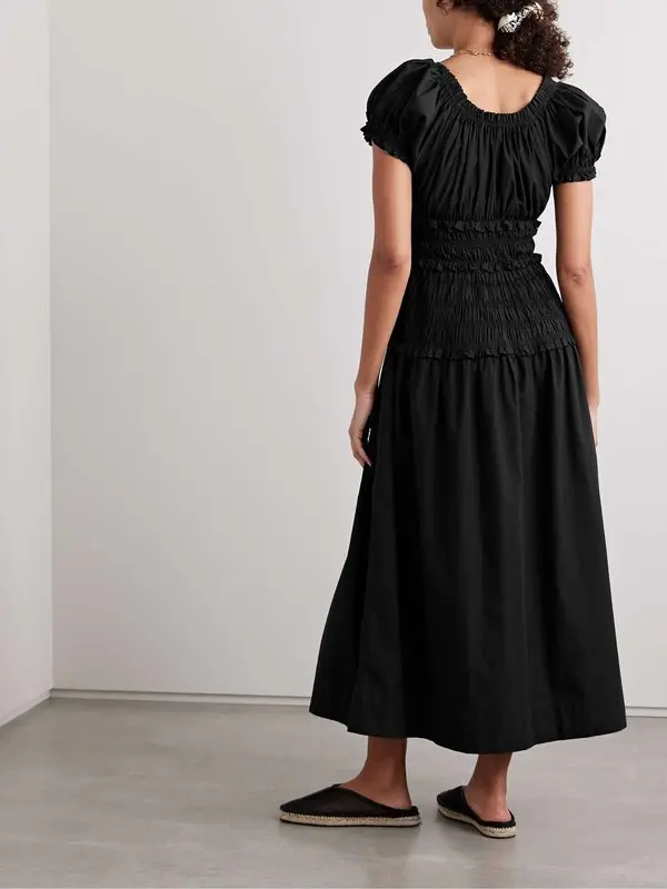 DÔEN Leanne Shirred Organic Cotton-voile Midi Dress - Black