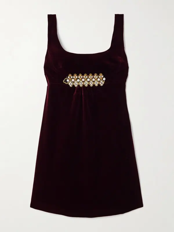 La DoubleJ Ella Embellished Cotton-velvet Mini Dress - Burgundy