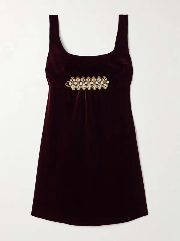 La DoubleJ Ella Embellished Cotton-velvet Mini Dress - Burgundy