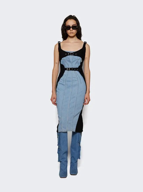 Mugler Bi-Color Buckled Denim Midi Dress In Tokyo Blue And Black - 40% Off  | Editorialist