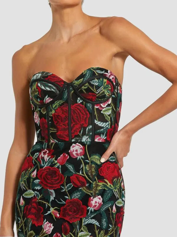 Mac Duggal Floral Embroidered Bustier Column Gown
