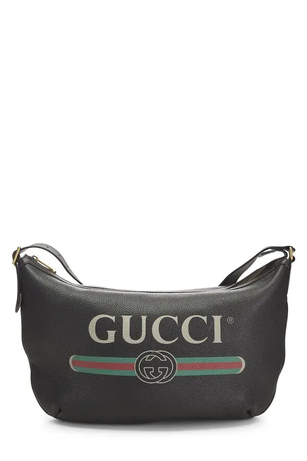 Gucci Leather Logo Printed Hobo Bag - Black