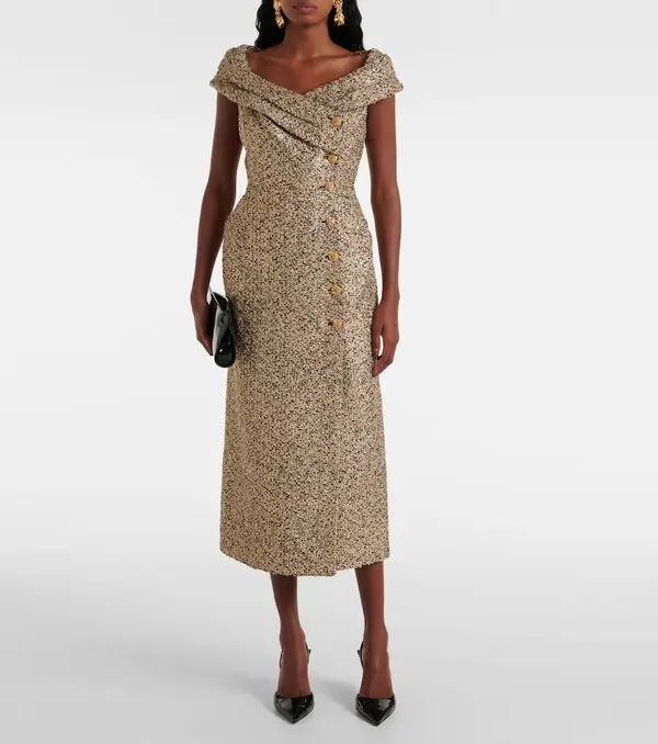tweed off the shoulder dress Gold Tinsel Boucle Off Shoulder Mini Dress  self-portrait-US
