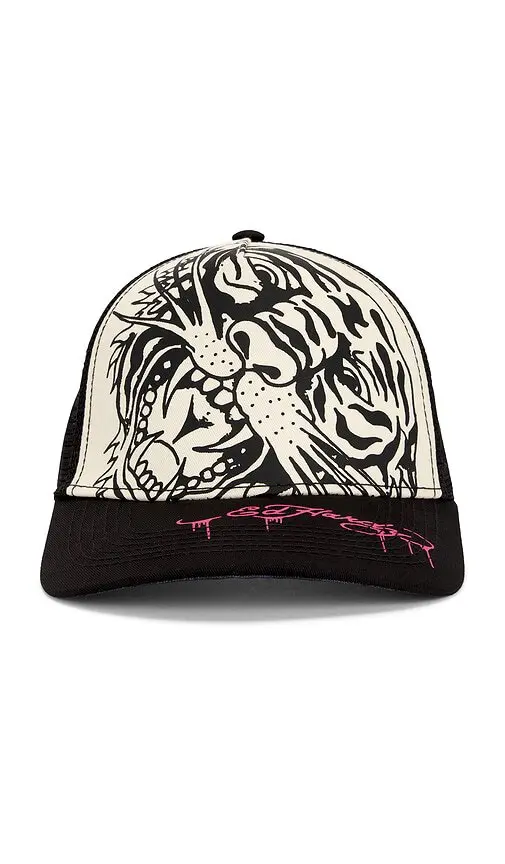 Ed Hardy Printed Tiger Outline Trucker Cap - Ivory Black 