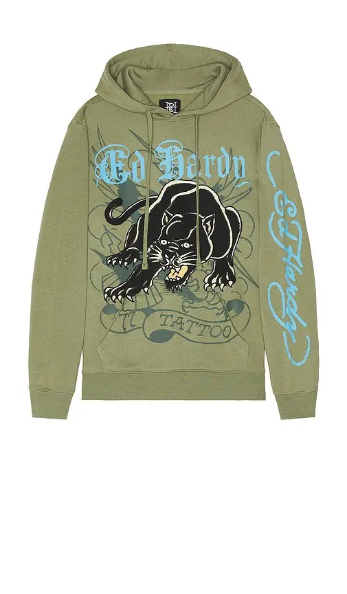 Ed Hardy Crouching Panther Pullover Hoodie In Green - Olive