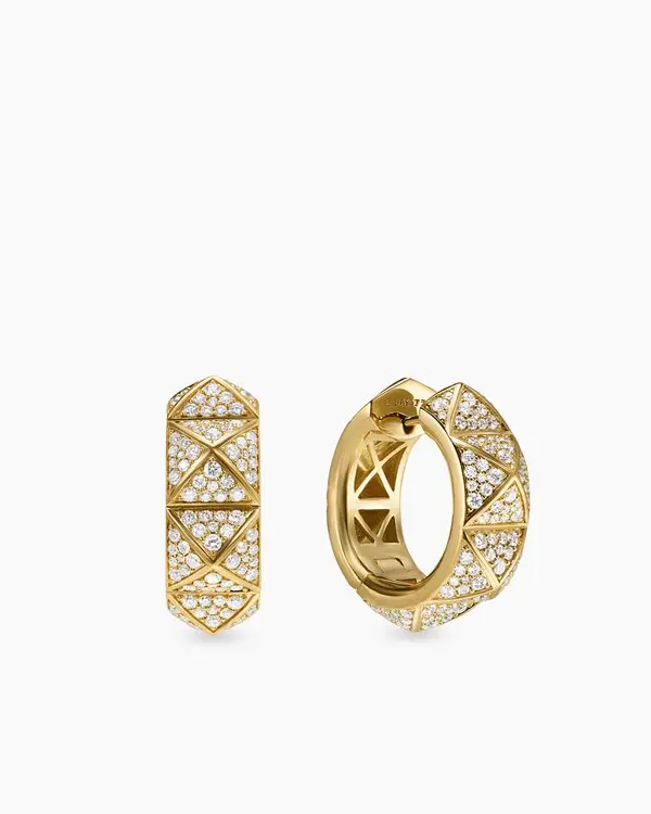 David Yurman 18k Yellow Gold Pyramid Hoop Earrings With Diamonds - Diamond
