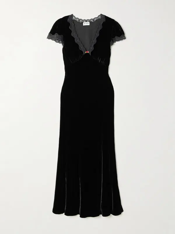 Rixo Clarice AppliquD Lace-Trimmed Velvet Midi Dress In Black - 50% Off |  Editorialist