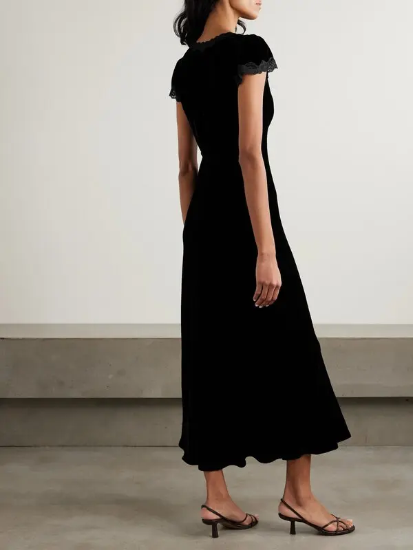 Rixo Clarice AppliquD Lace-Trimmed Velvet Midi Dress In Black - 50% Off |  Editorialist