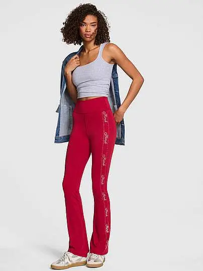 Pink Relay Logo Shine Flare Leggings - Red