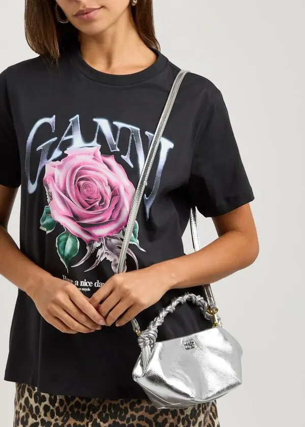 GANNI Metallic Leather Cross-body Bag - Silver