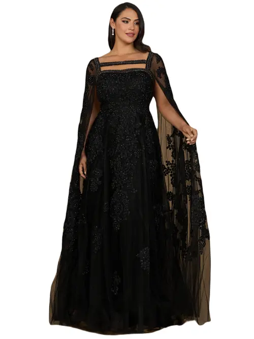 LARA NEW YORK Lace Embroidered Gown With Long Cape Sleeves - Black