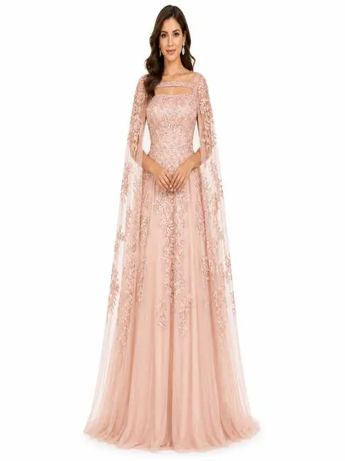 LARA NEW YORK Lace Embroidered Gown With Long Cape Sleeves - Blush