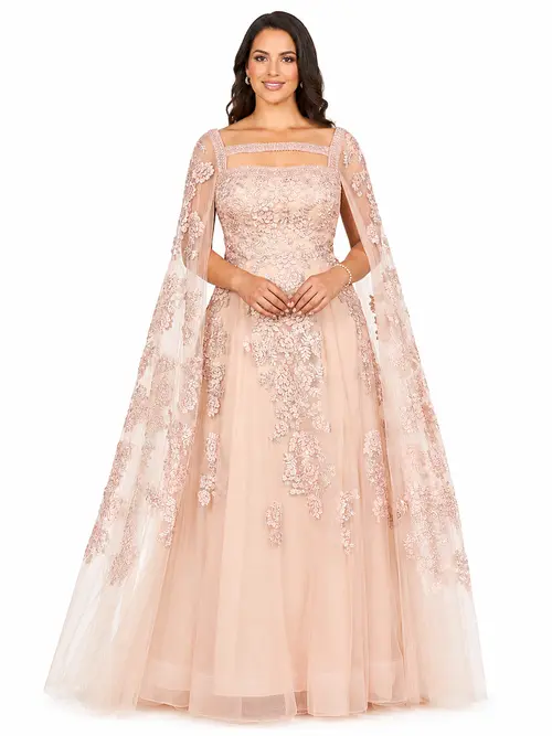 LARA NEW YORK Lace Embroidered Gown With Long Cape Sleeves - Blush